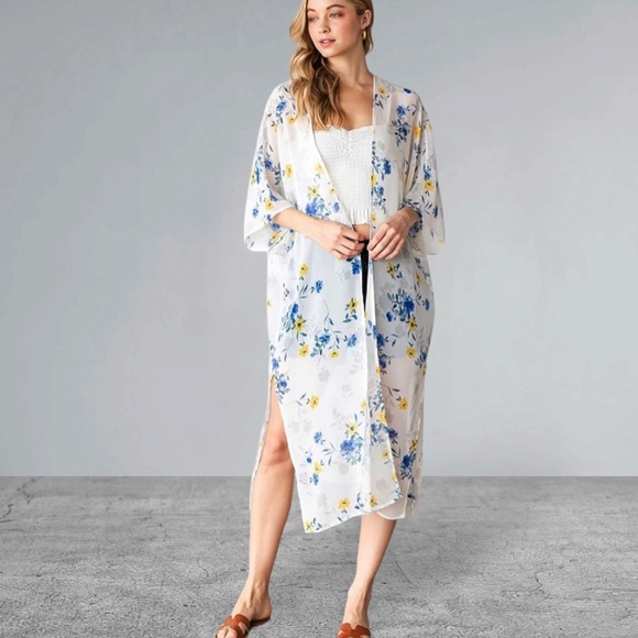 Cy Fashion | Sweaters | Boutique Open Front Ivory Floral Chiffon ...